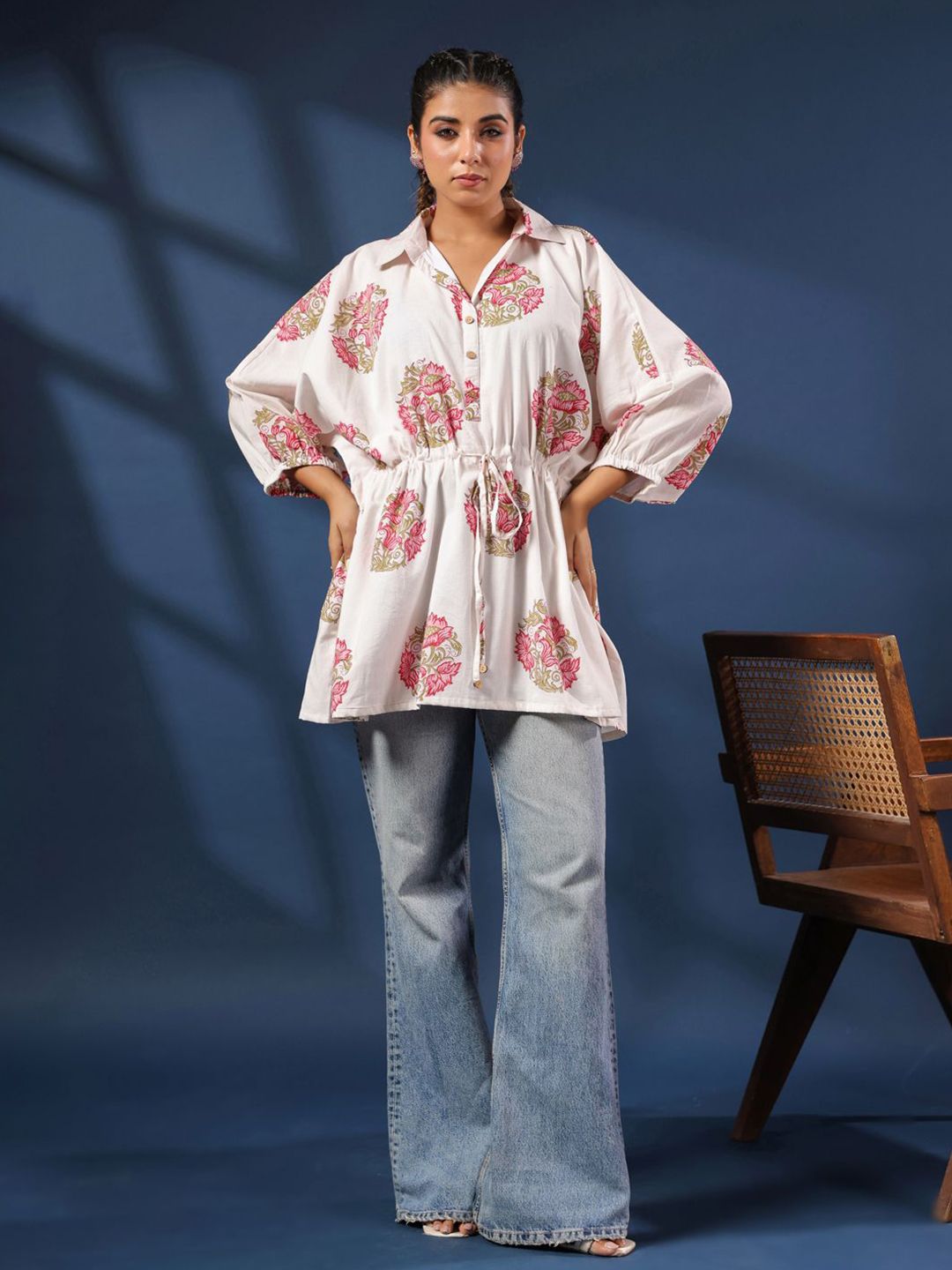 Buy Taavi Handblock Printed Cotton Shirt Collar Neck Kaftan Top - Tops ...