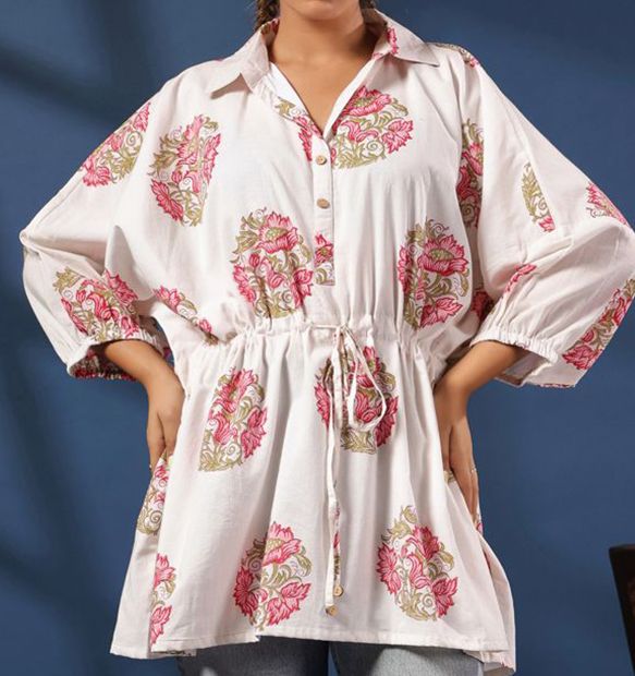Buy Taavi Handblock Printed Cotton Shirt Collar Neck Kaftan Top - Tops ...