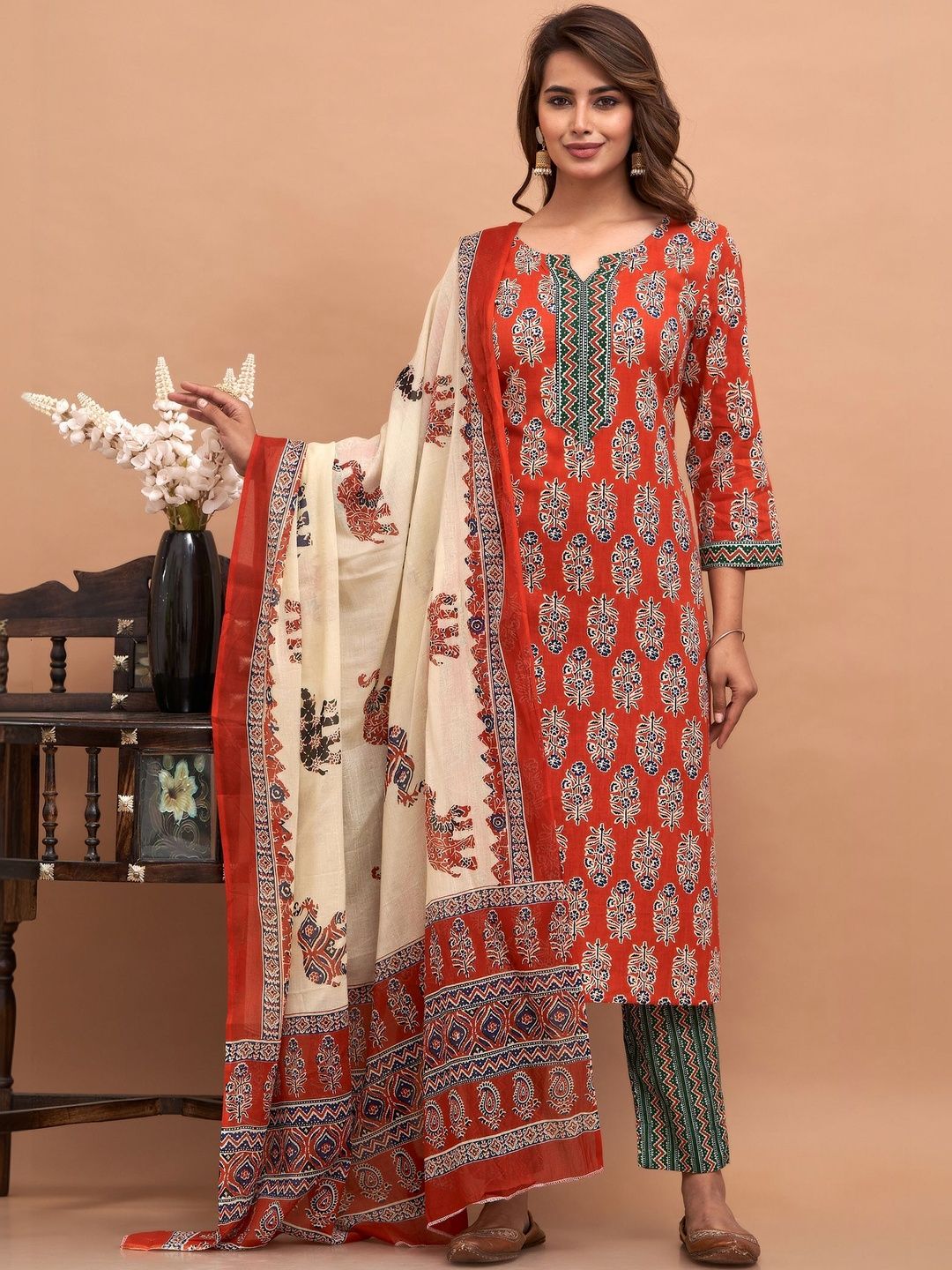 Buy HERE&NOW Women Ethnic Motifs Printed Regular Pure Cotton Kurta With ...