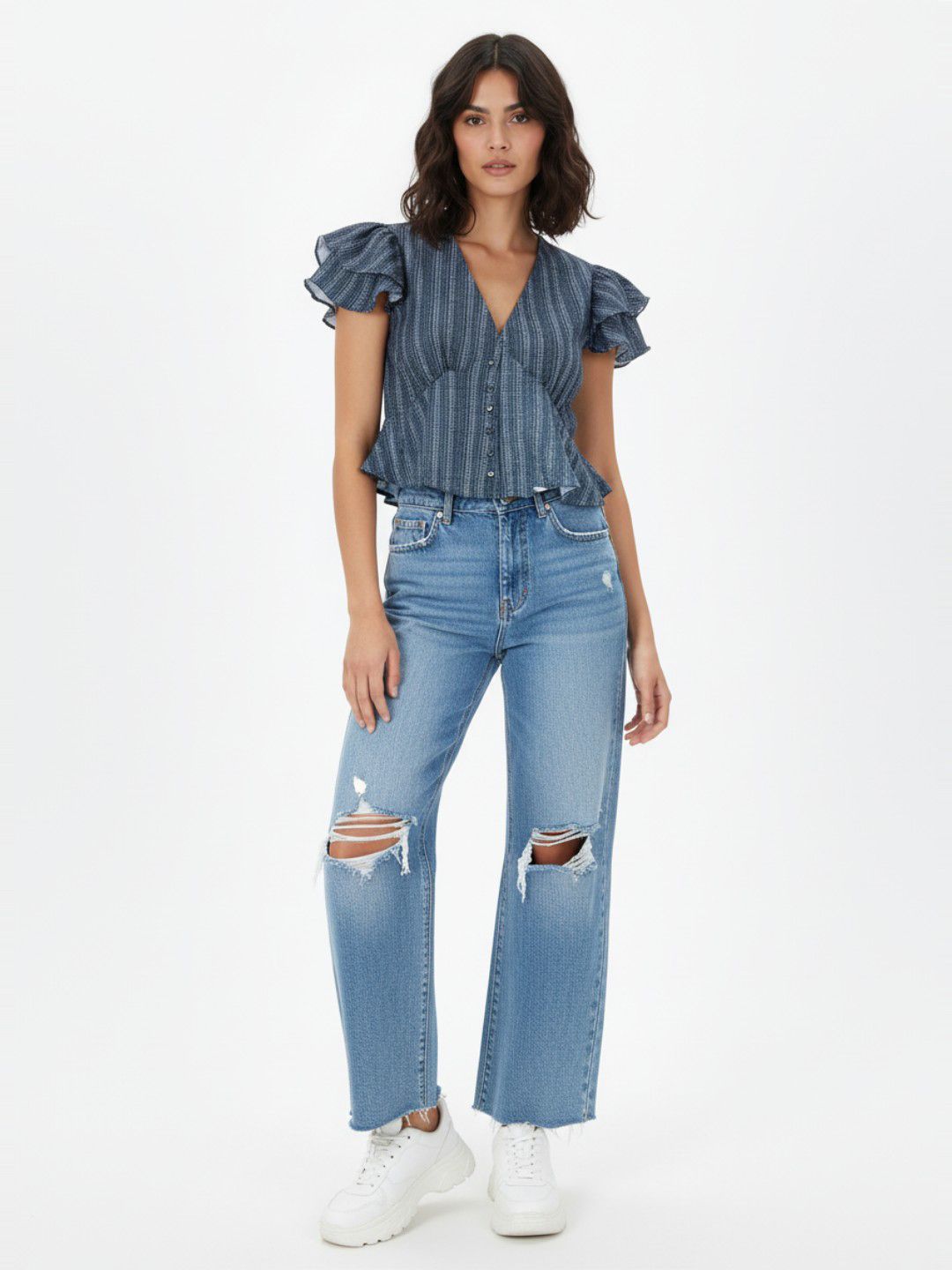 Buy Glitchez Striped Flutter Sleeve Empire Crop Top - Tops for Women ...