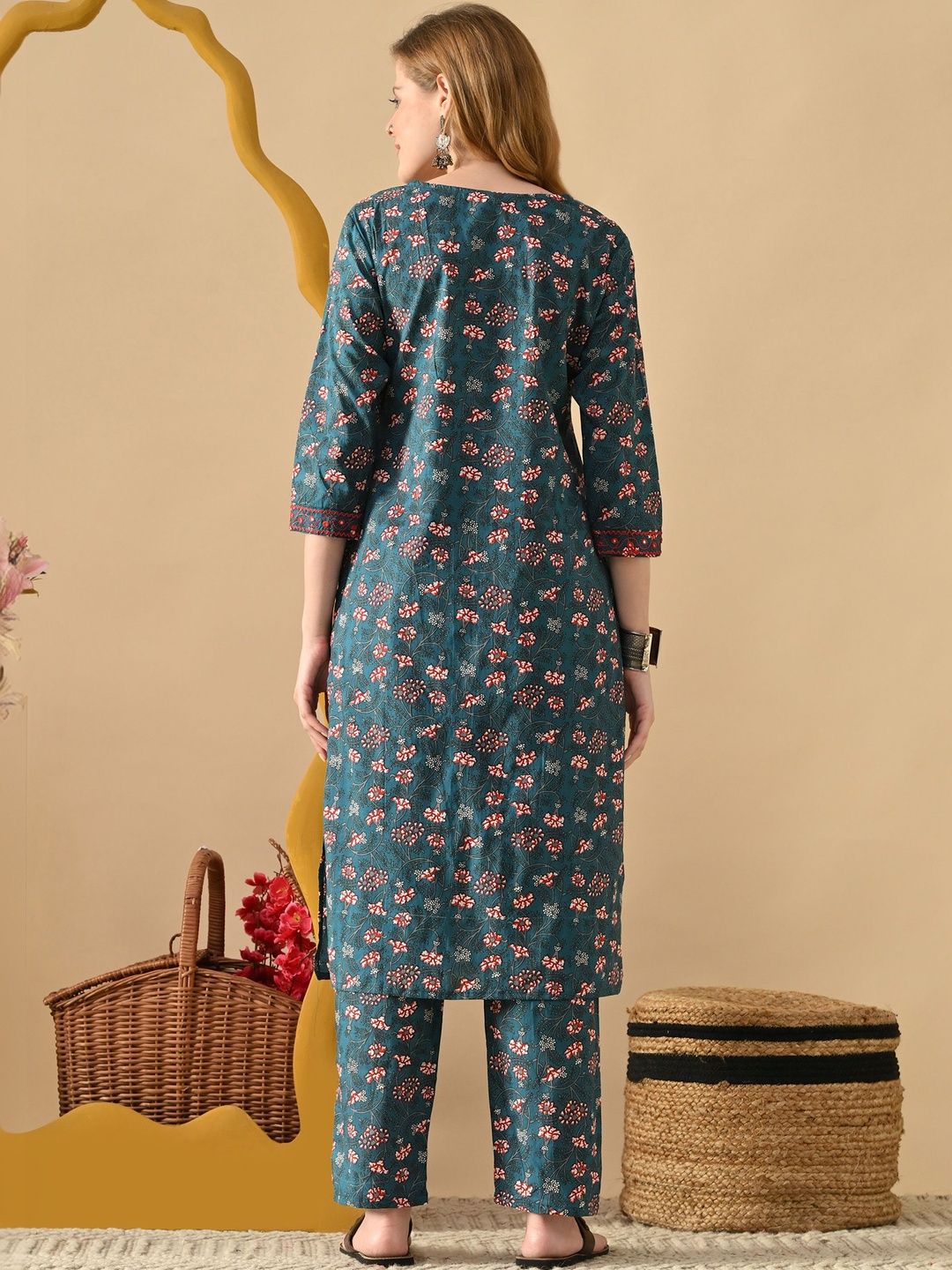 Buy KJFAB Women Floral Printed Regular Thread Work Pure Cotton Kurta ...