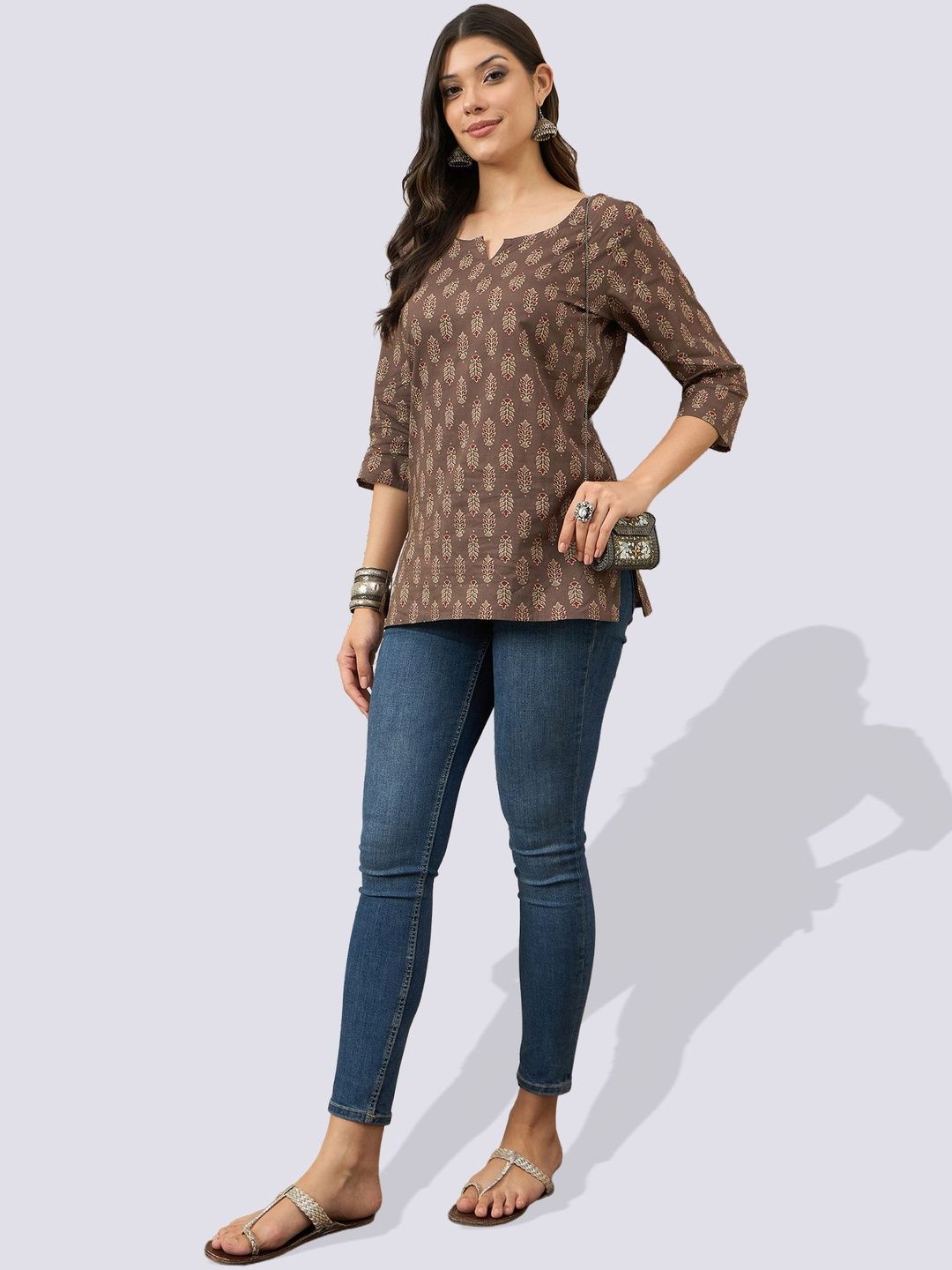 Buy VANSIRI Women Printed Keyhole Neck Ethnic Cotton Regular Top - Tops ...