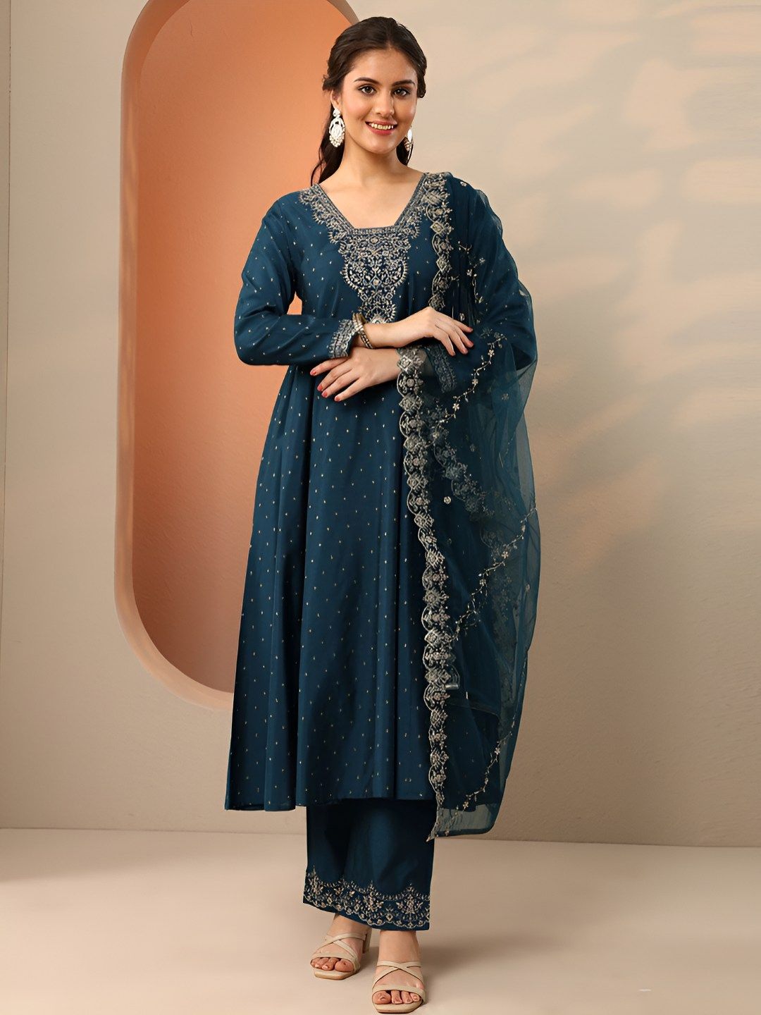 Buy Libas Women Ethnic Motifs Embroidered A Line Kurta With Trousers ...