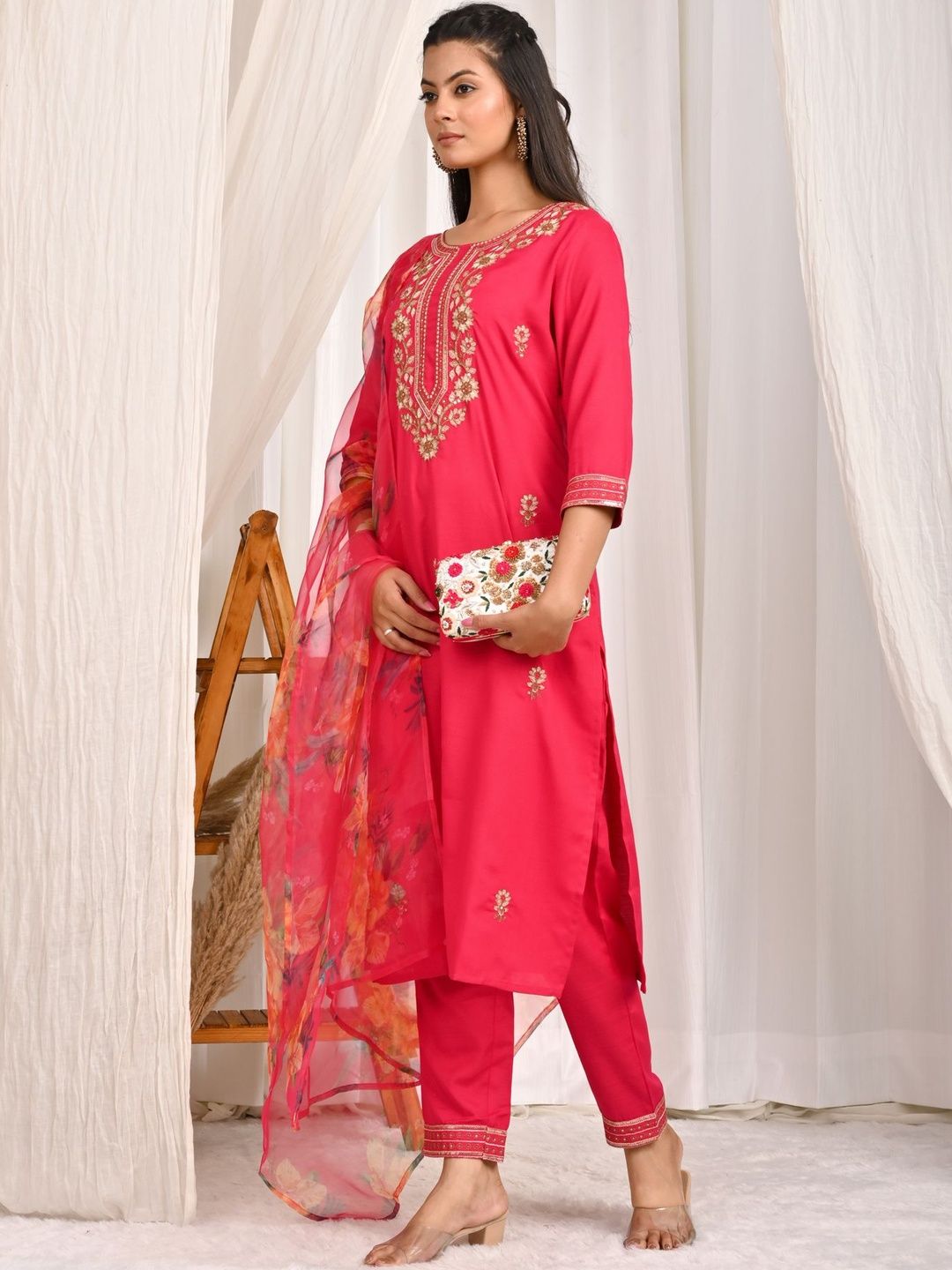 Buy Karaveera Women Floral Embroidered Regular Kurta With Trousers ...