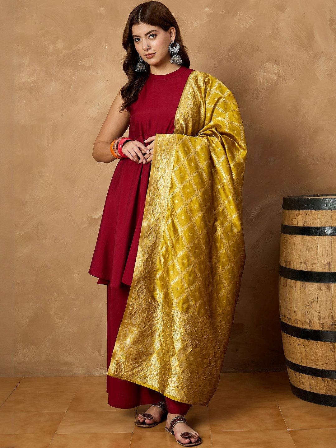 Buy InWeave Women Woven Design Solid A Line Kurta With Palazzos & Dupatta - Kurta Sets for Women ...