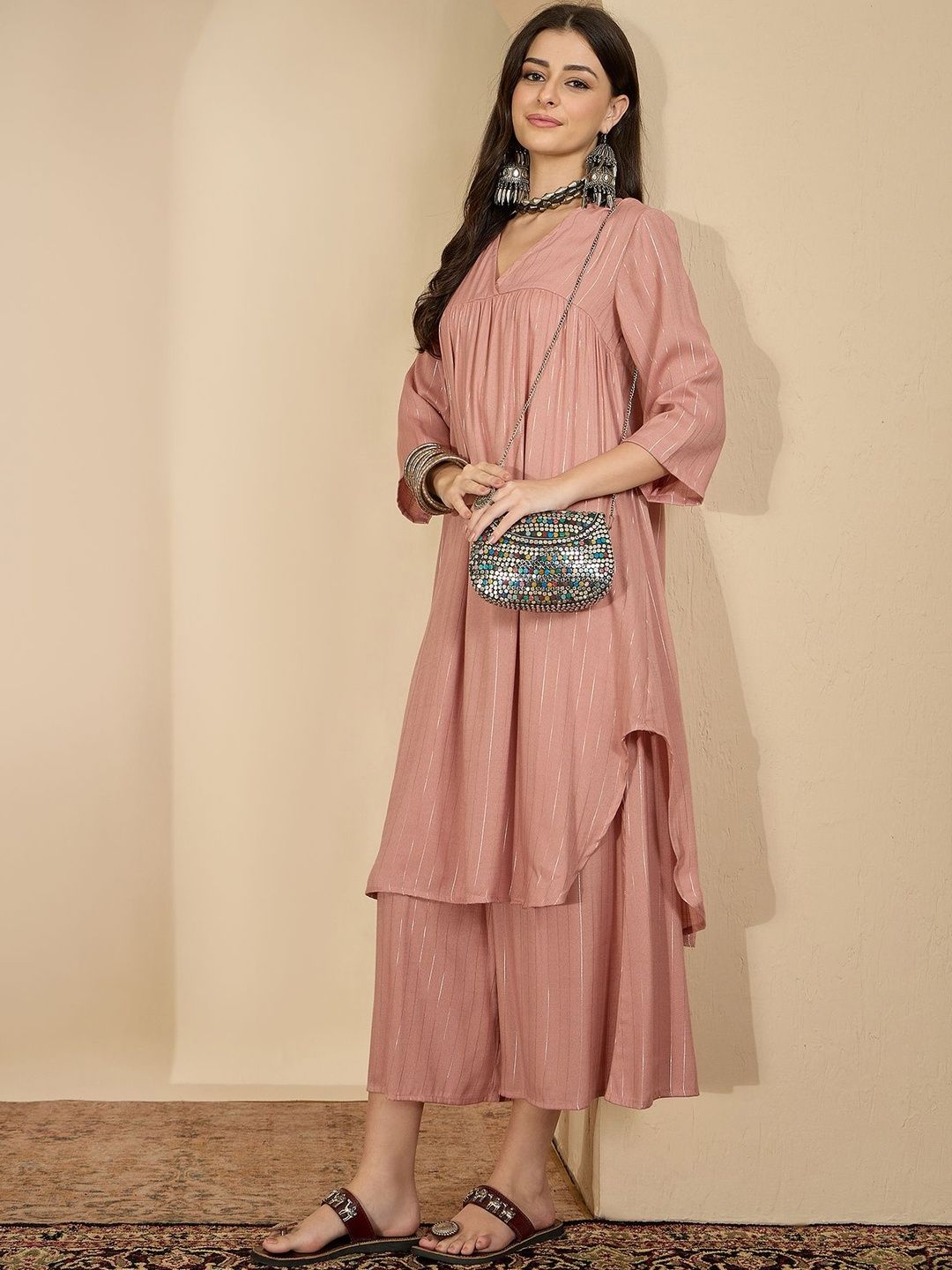 Buy InWeave Women Striped Empire Kurta With Palazzos - Kurta Sets for Women 37042299 | Myntra