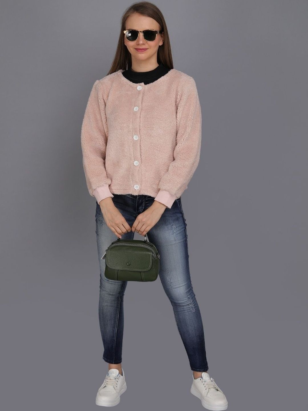 Buy CORSICA Women Light Pink Solid Collarless Faux Fur Tailored Jacket ...