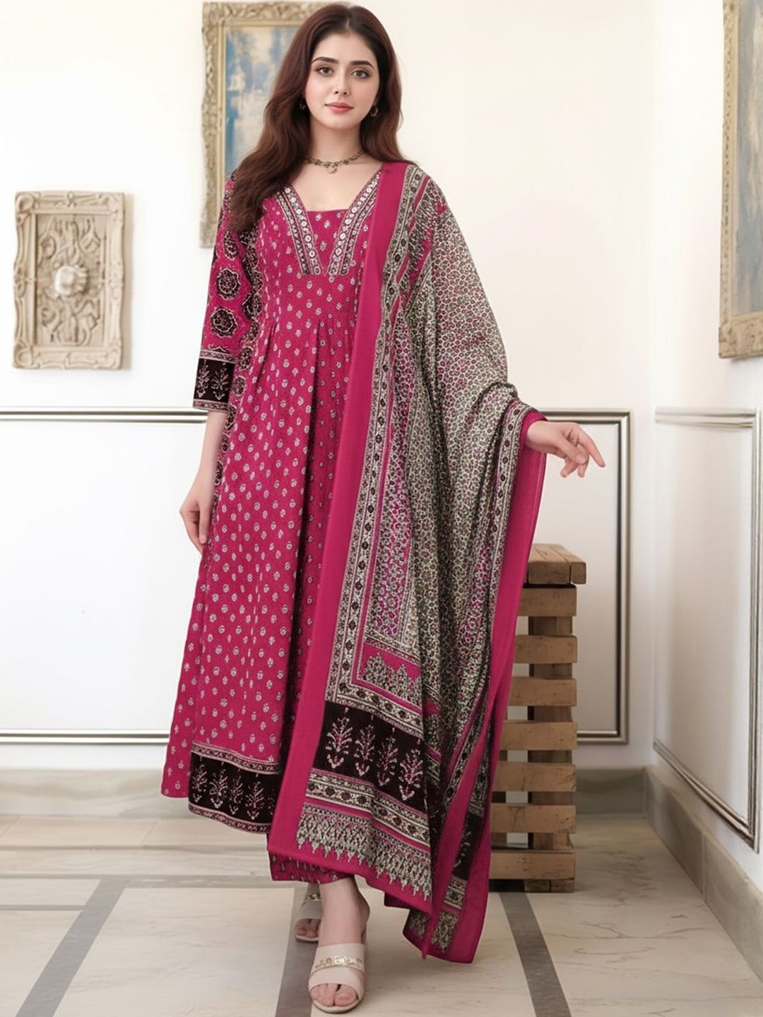 Buy SZN Floral Printed Panelled Square Neck A Line Kurta With Palazzos ...