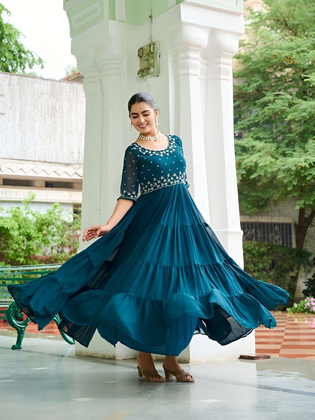 Buy INDULI Floral Embroidered Empire Thread Work Round Neck Georgette ...