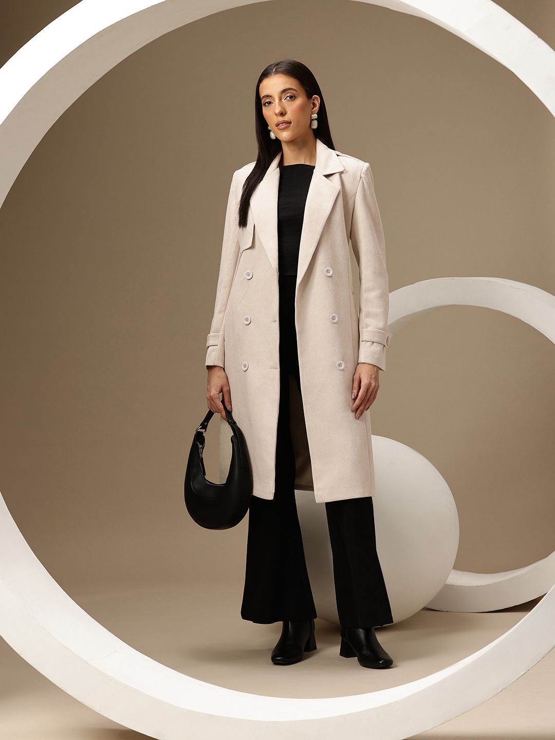 Buy CHEMISTRY Double Breasted Suede Finish Paneled Overcoat With Belt ...