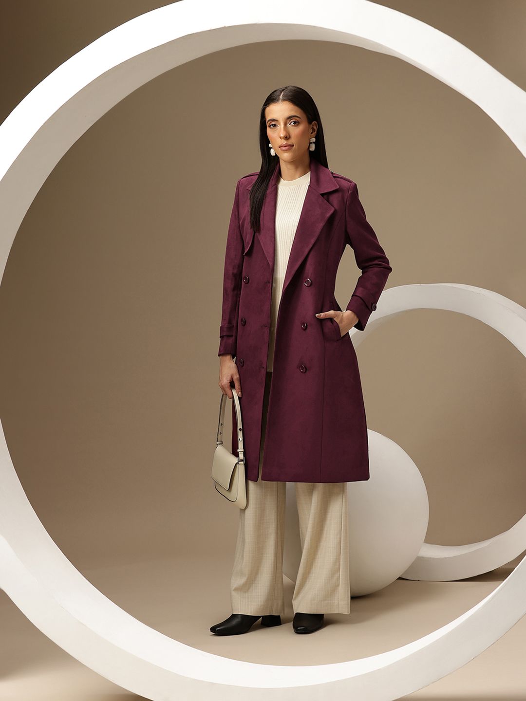 Buy CHEMISTRY Double Breasted Suede Finish Paneled Overcoat With Belt ...
