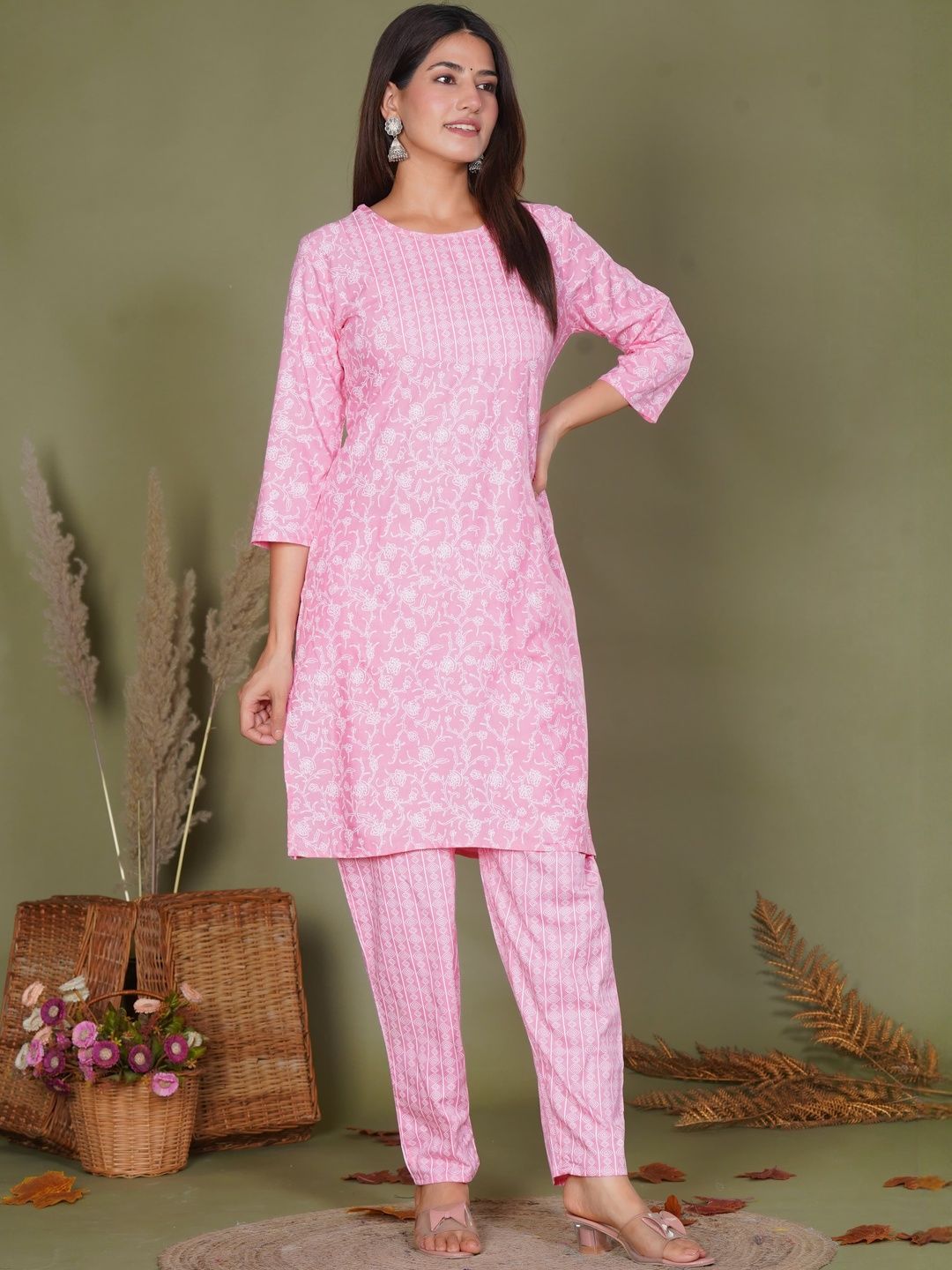 Buy ANGIYA Women Floral Printed Regular Kurta With Trousers - Kurta ...