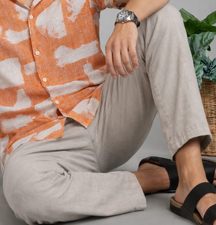 Buy DYMORA Men Orange & Beige Brushstroke Printed Linen Blend Cuban ...