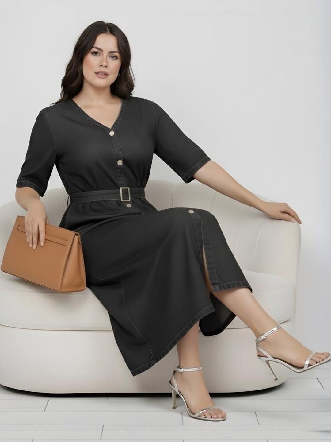 Buy GlamZei Women Solid Denim Cotton V Neck Shirt Midi Dress - Dresses ...
