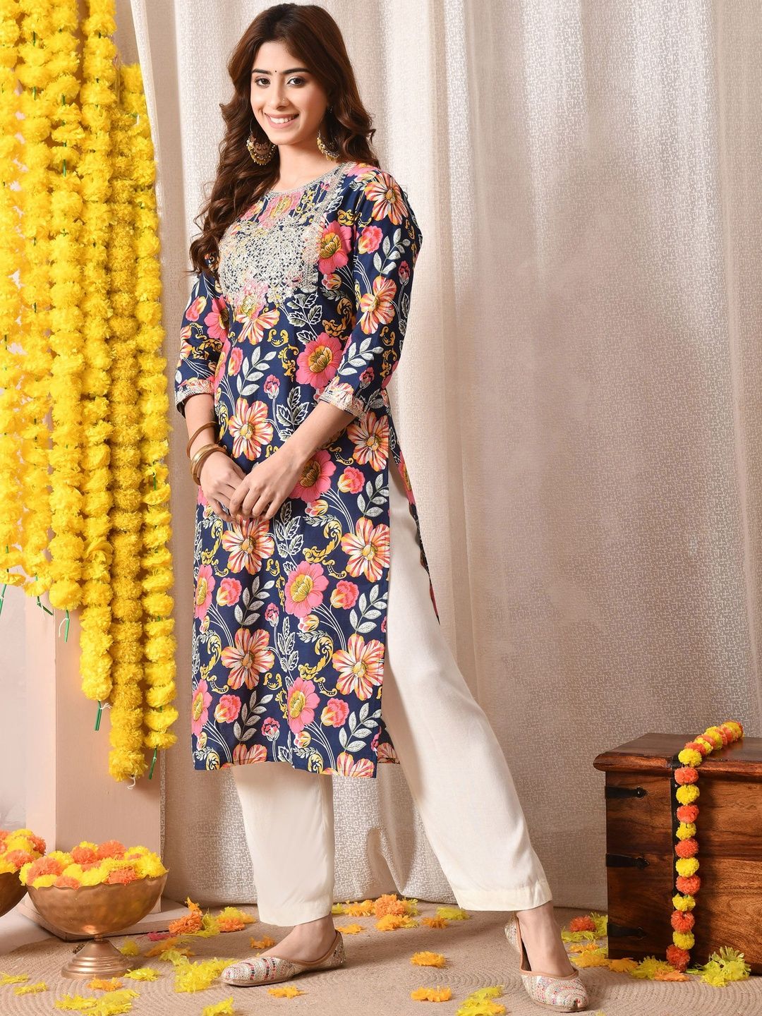 Buy KJFAB Women Floral Printed Thread Work Floral Kurta - Kurtas for ...