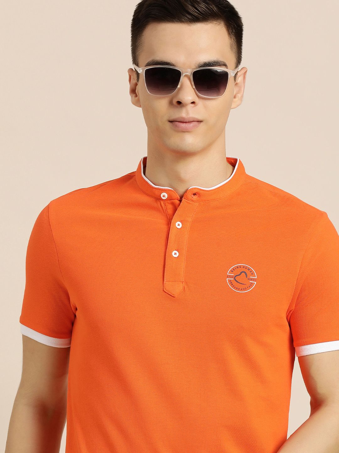 Being Human Men Orange Mandarin Collar Pure Cotton Slim Fit T-shirt ...