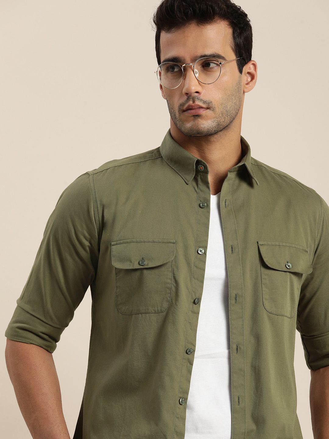 INVICTUS Men Olive Solid Slim Fit Pure Cotton Casual Shirt - Price History