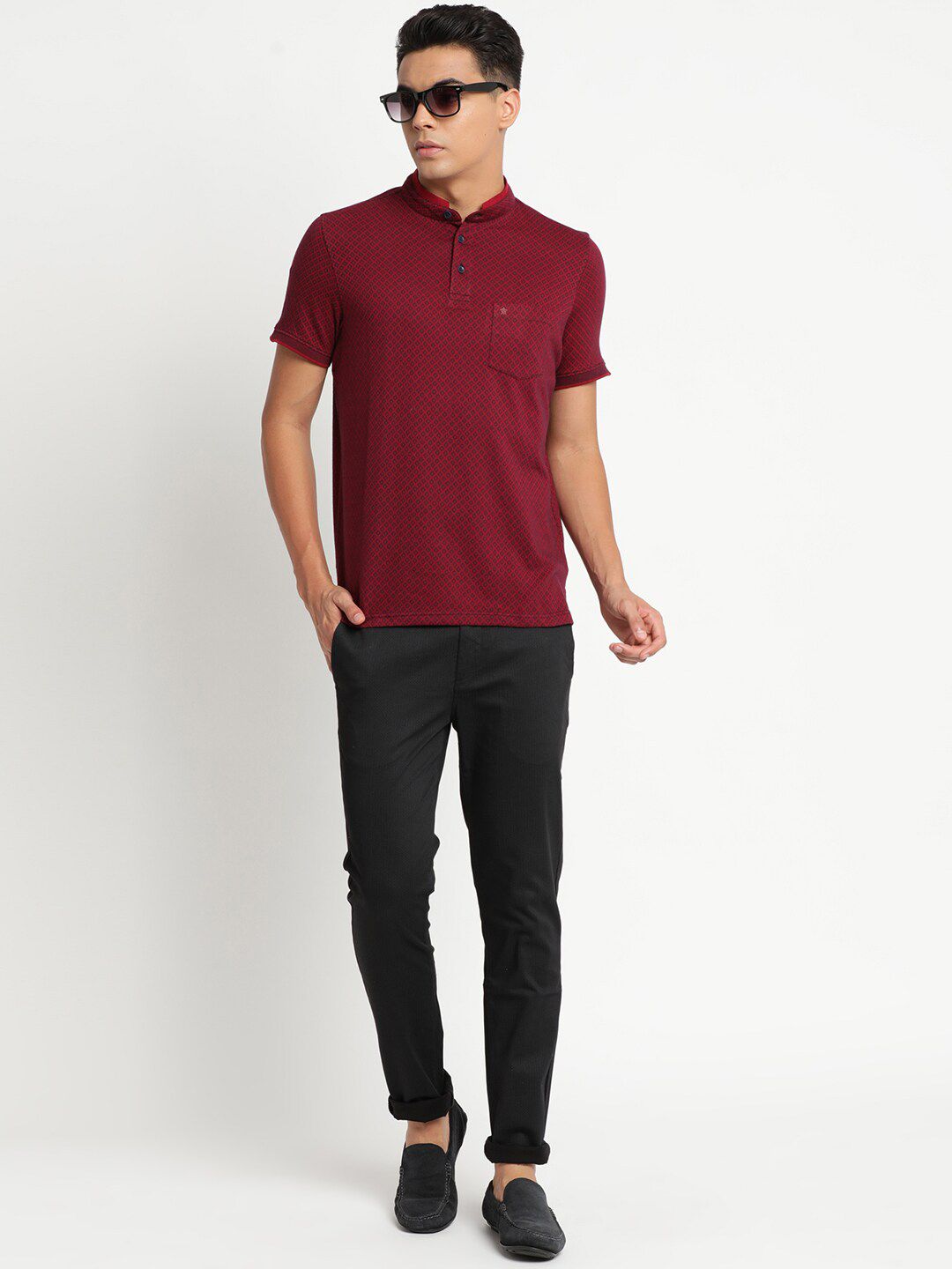 Buy Turtle Men Maroon Printed Pure Cotton Mandarin Collar Slim Fit T ...