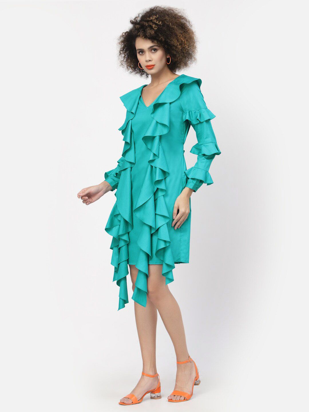Buy LELA Turquoise Blue Frill Sleeves Dress With Tie Up Belt - Dresses ...
