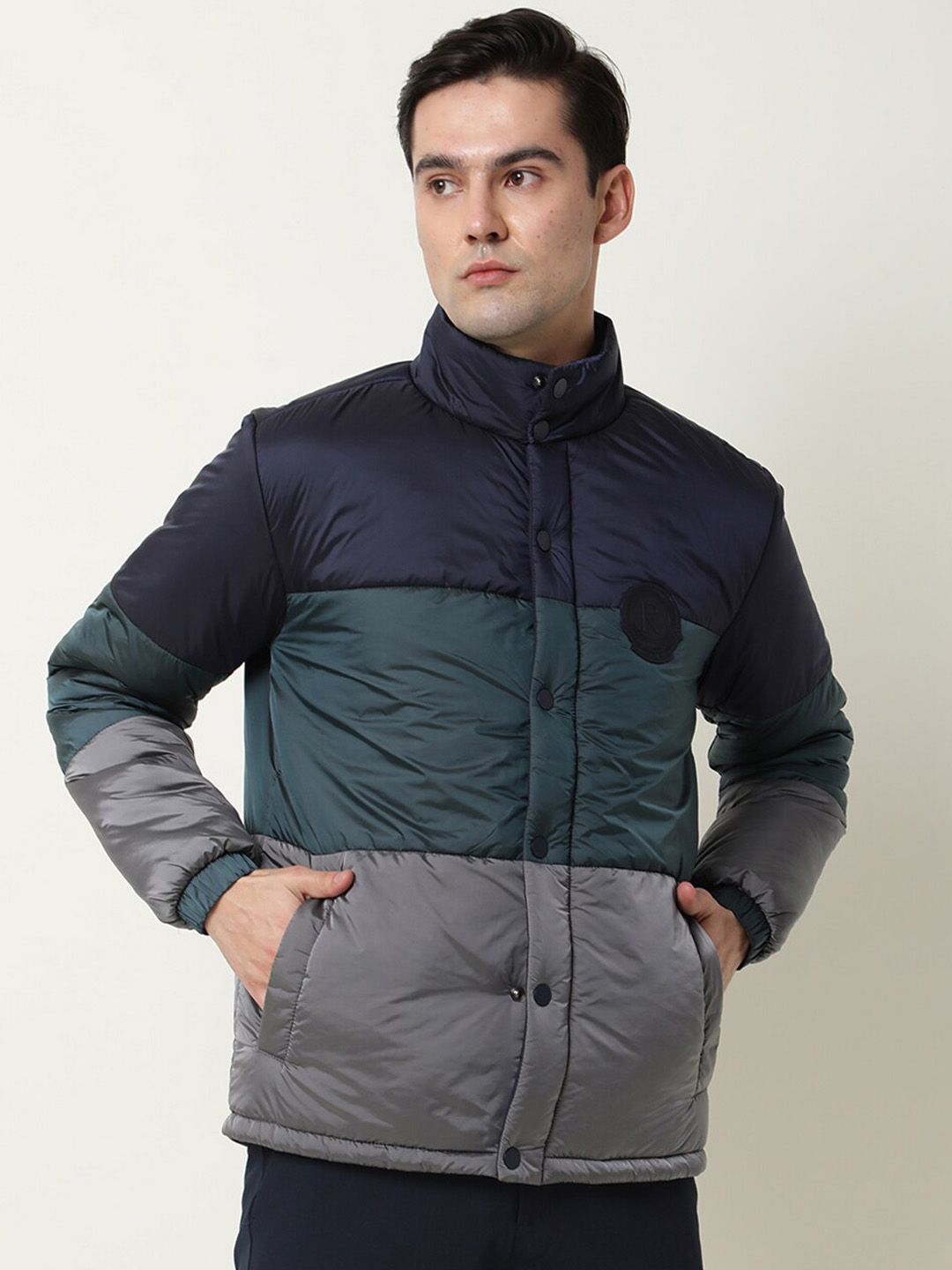 RARE RABBIT Men Navy Blue & Teal Colourblocked Puffer Jacket - Price ...
