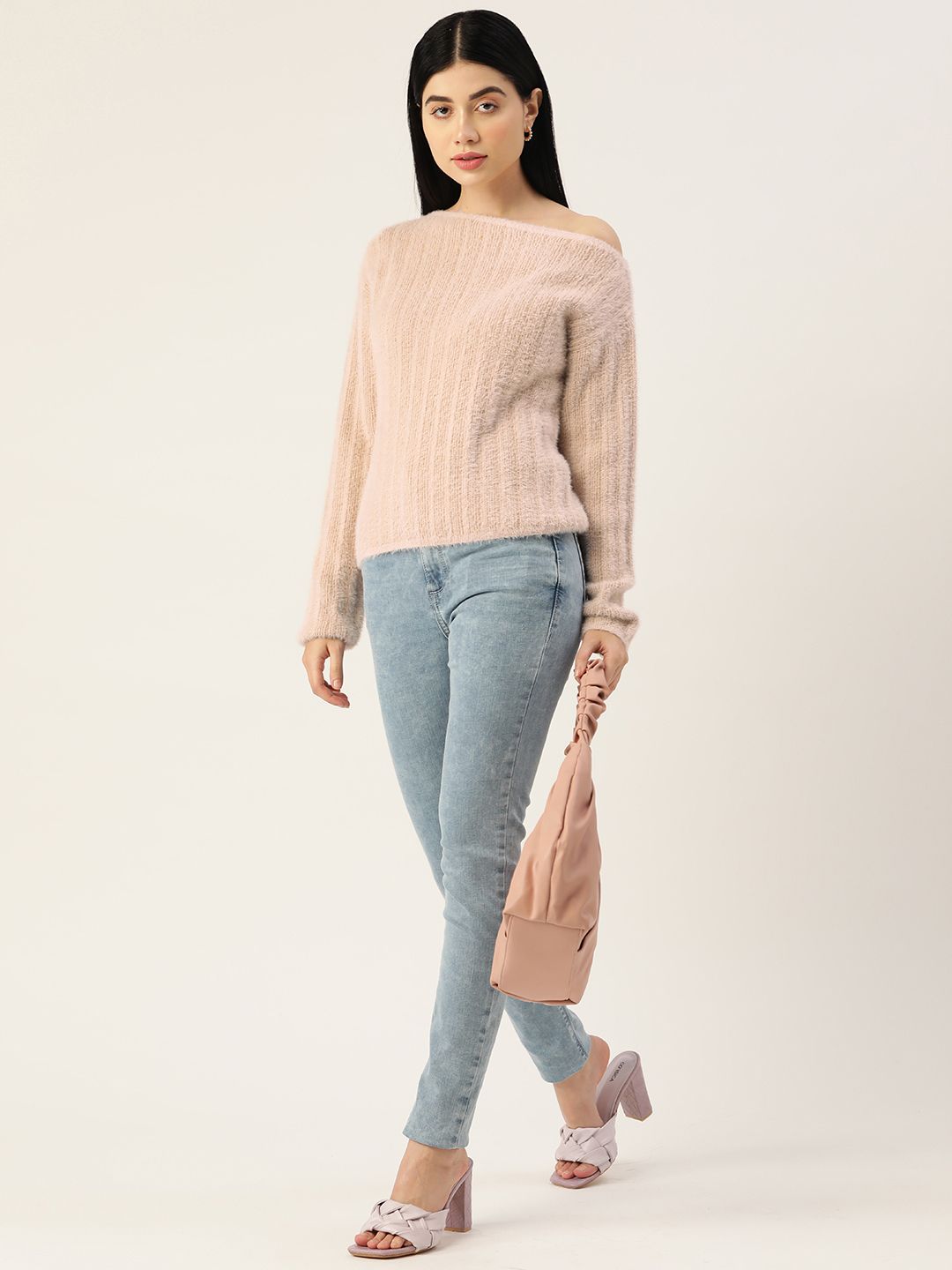 Buy Madame Women Peach Coloured Self Striped Pullover With Fuzzy Detail ...