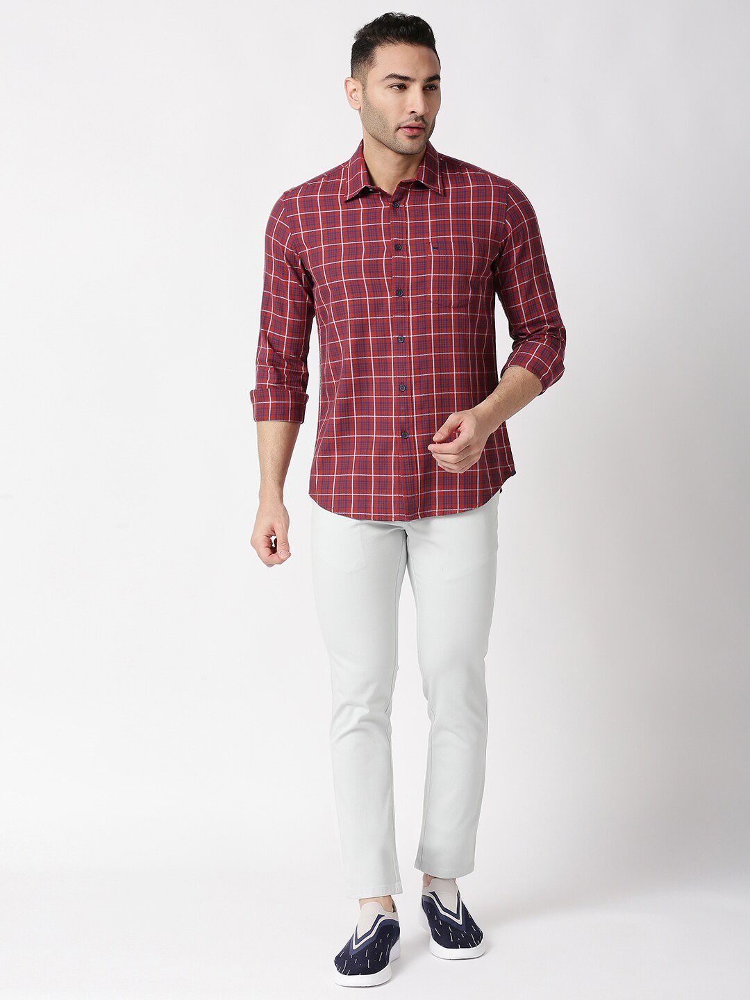 Buy Basics Men Red Slim Fit Windowpane Checked Cotton Casual Shirt - Shirts for Men 20876000 ...