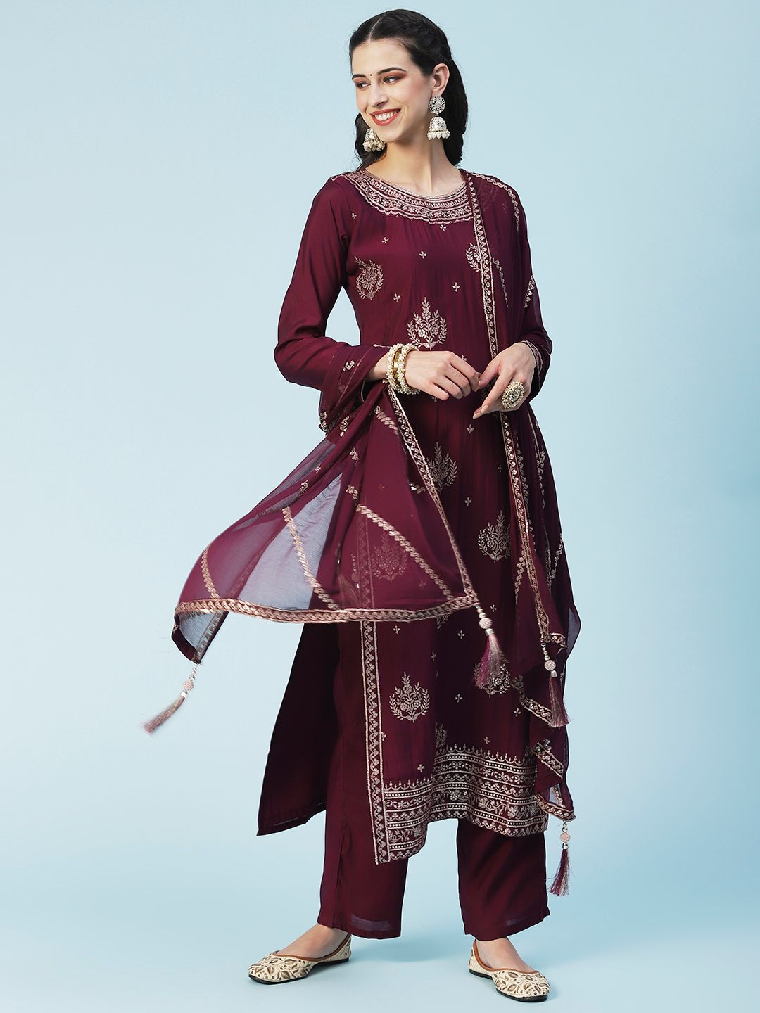 Envy Me by FASHOR Women Maroon Ethnic Motifs Embroidered Sequinned ...