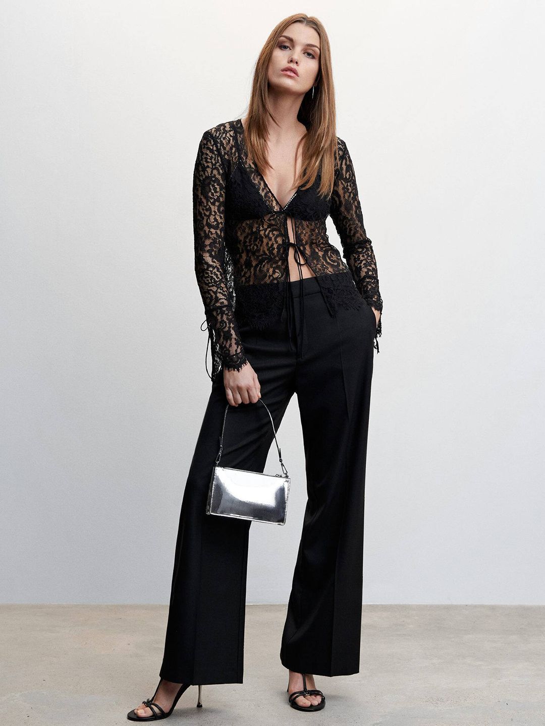 Buy MANGO Splunging V Neck Bell Sleeves Lace Sheer Top - Tops for Women ...