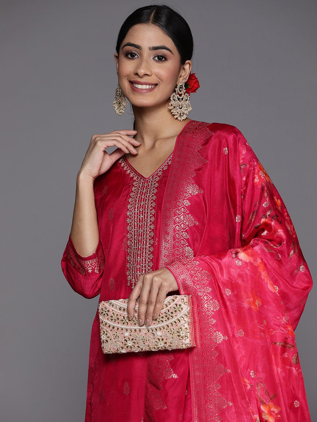 Libas Women Magenta Pure Silk Kurta with Trousers & With Dupatta ...