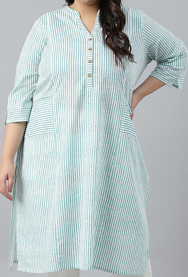 Buy AURELIA Plus Size Striped Band Collar Panelled Straight Pure Cotton ...
