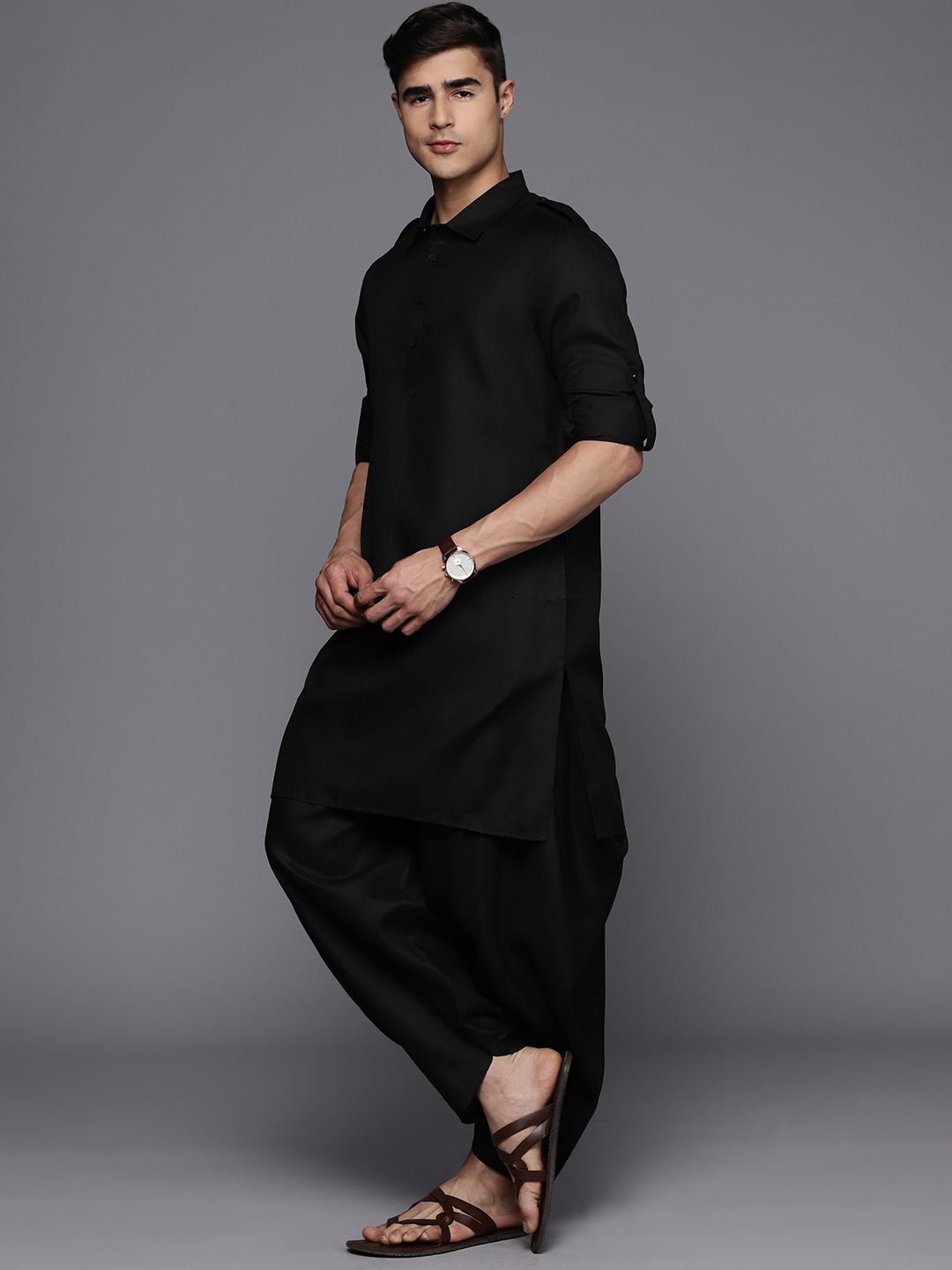 Buy Inddus Pathani Linen Blend Kurta With Dhoti Pants - Kurta Sets for ...