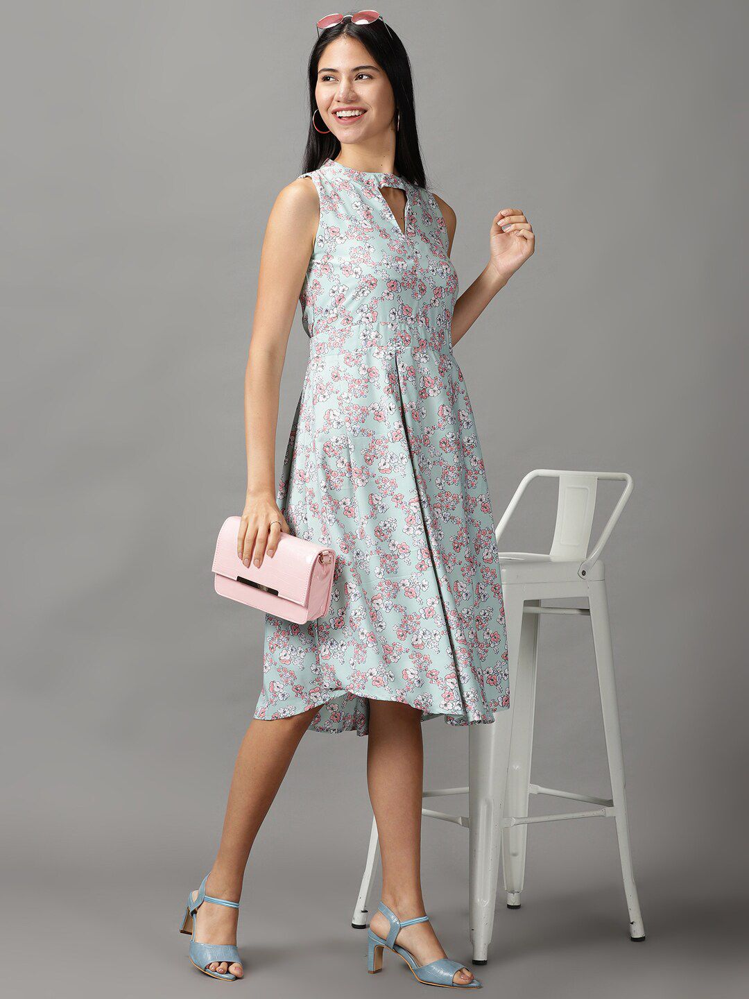 Buy Showoff Floral Printed Keyhole Neck Fit And Flare Dress Dresses For