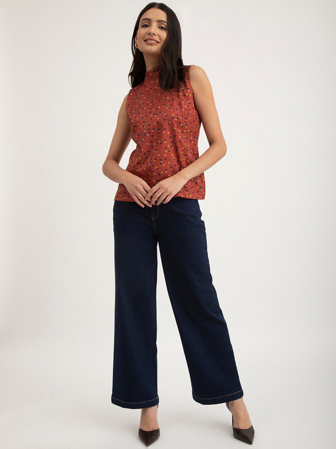 Buy FableStreet Polka Dots Printed High Neck Sleeveless Top - Tops for ...