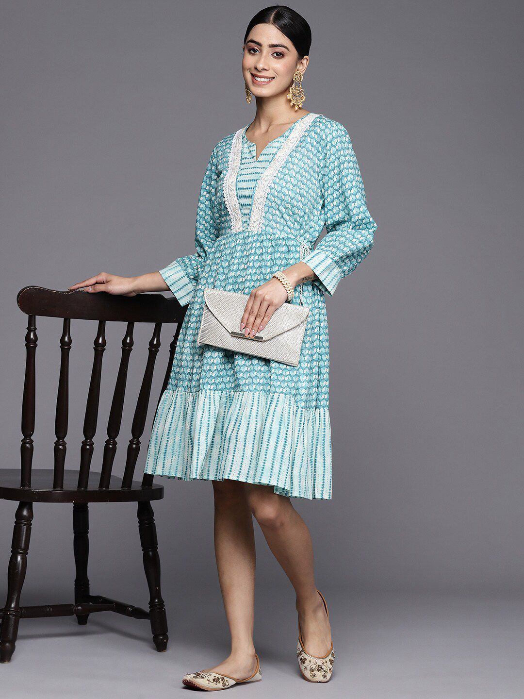 Buy Varanga Ethnic Motifs Print Puff Sleeve A Line Dress Dresses For