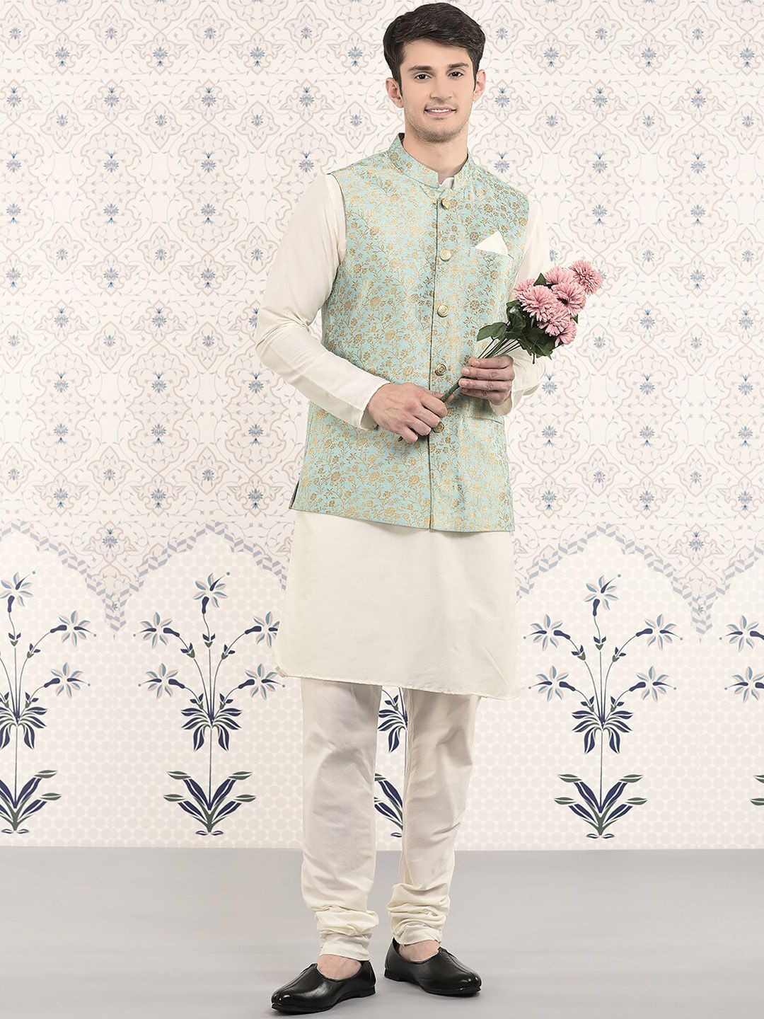 Ode by House of Pataudi Straight Kurta With Churidar & Printed Nehru ...