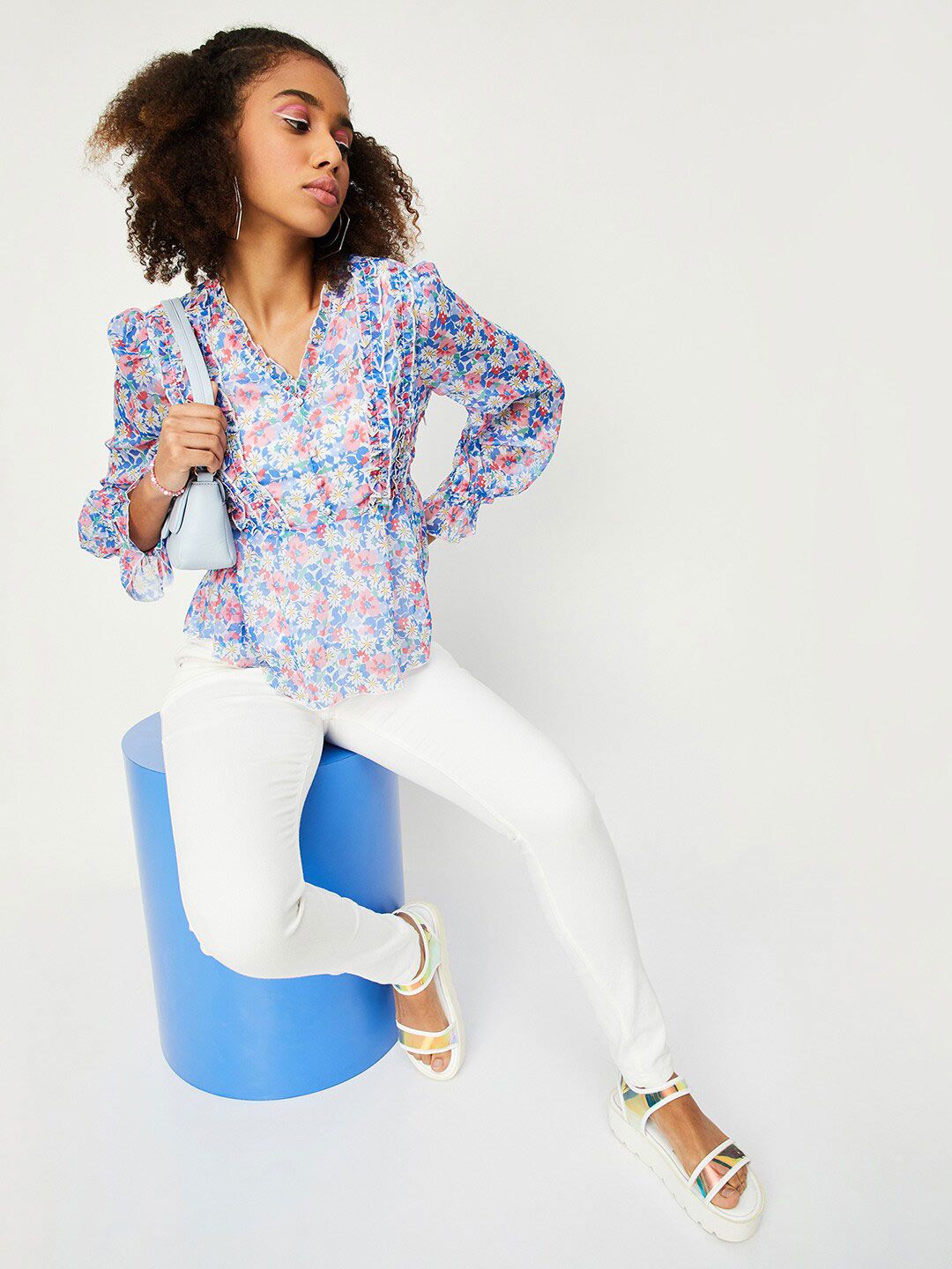 Buy Max Floral Printed V Neck Puff Sleeves A Line Top Tops For Women