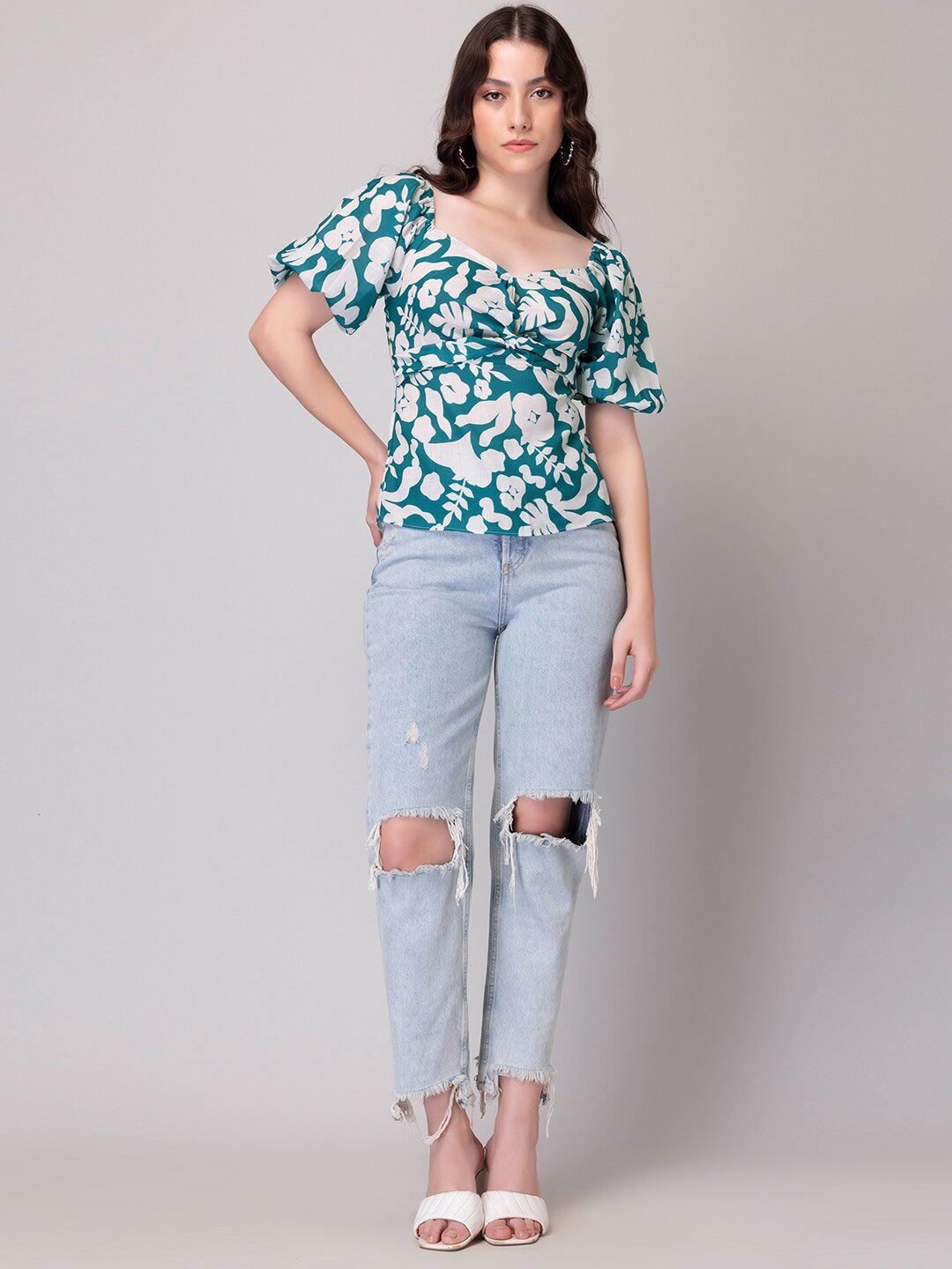 Buy Faballey Floral Printed Puff Sleeve Smocked Peplum Top Tops For