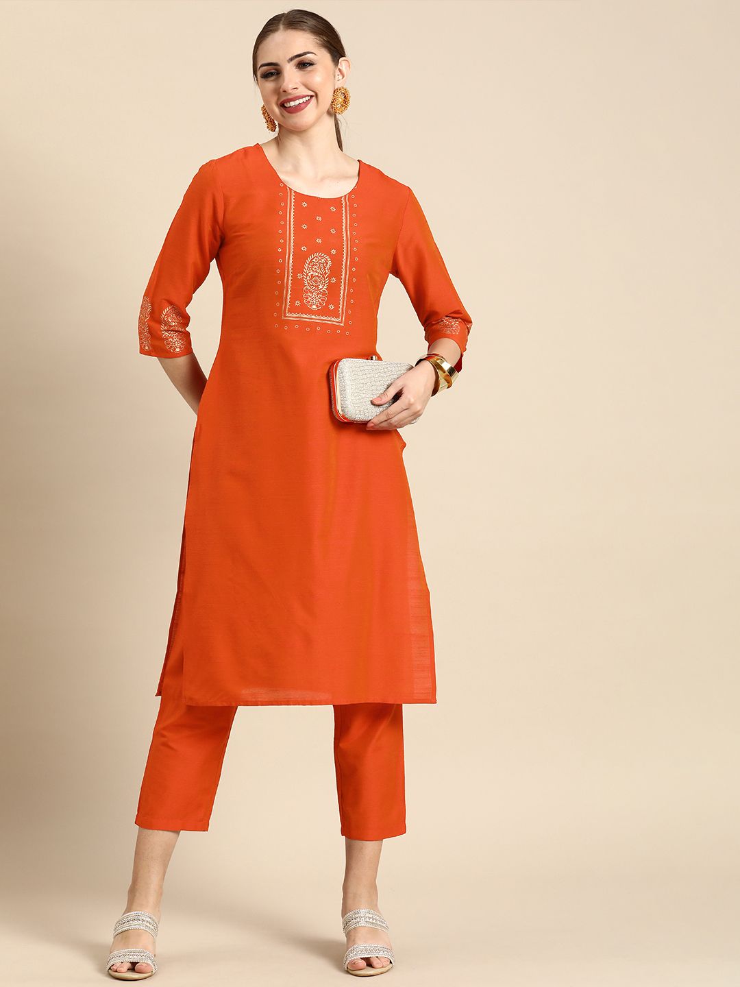 Anouk Ethnic Motifs Foil Printed Regular Kurta With Trousers Price