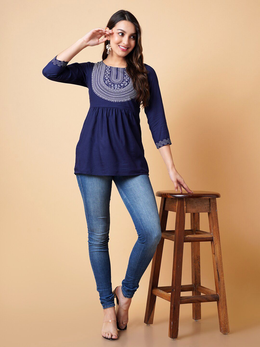 Buy DAEVISH Ethnic Printed Yoke Design With Notch Neck Empire Top ...