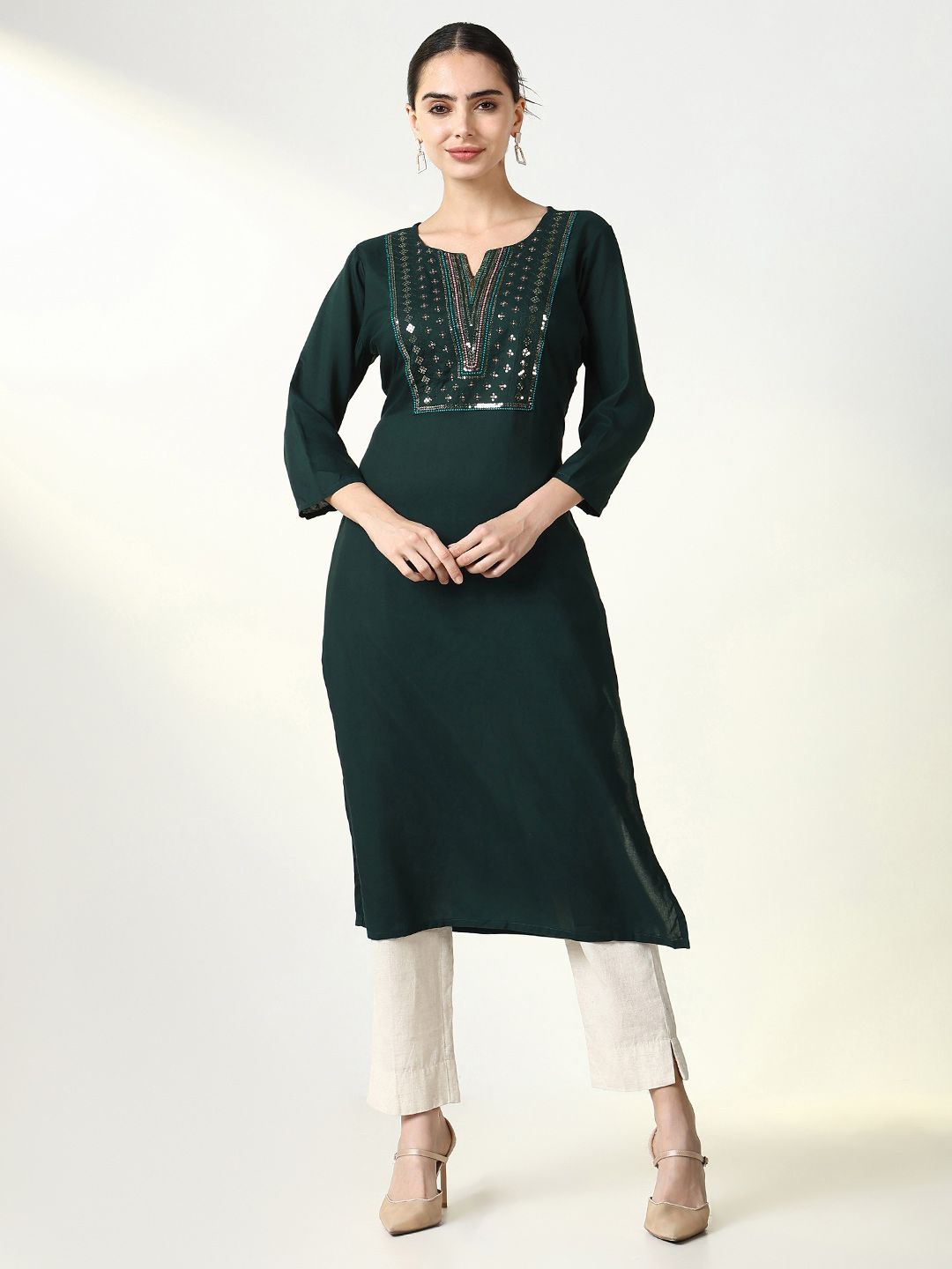 Buy SHOWOFF Yoke Design Thread Work Sequined Kurta With Skirt - Kurta ...