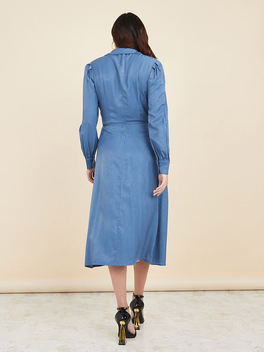 Buy Styli Blue V Neck Cuffed Sleeves Wrap Dress - Dresses for Women ...