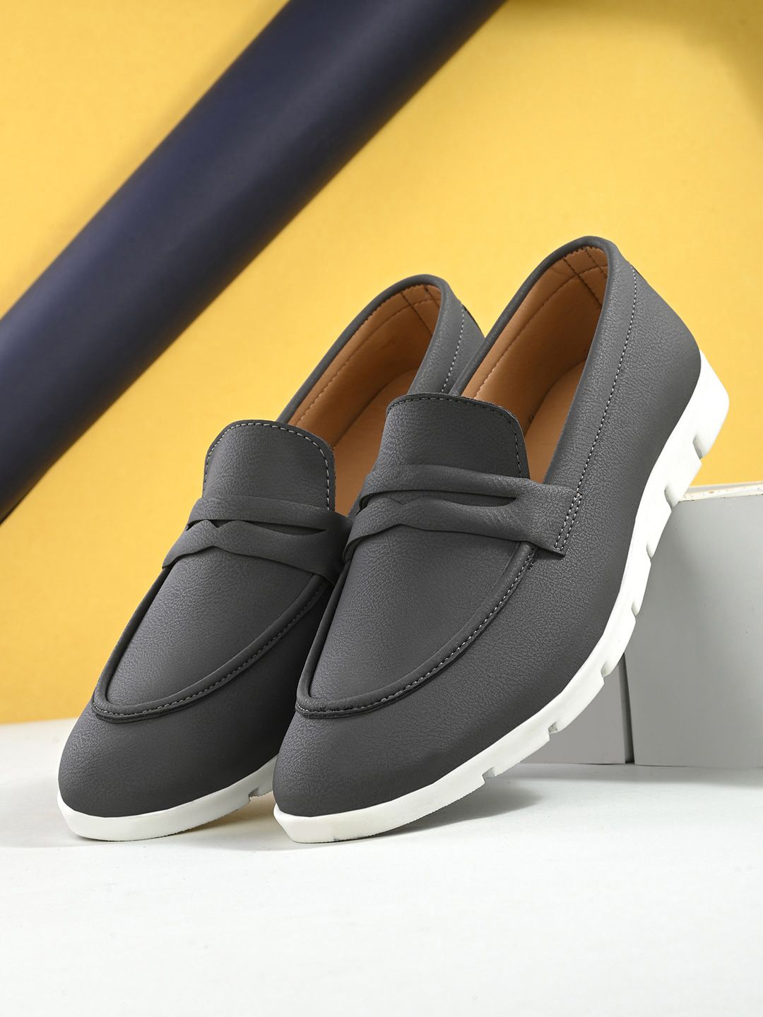 Mast & Harbour Men Grey Textured Comfort Insole Penny Loafers - Price ...