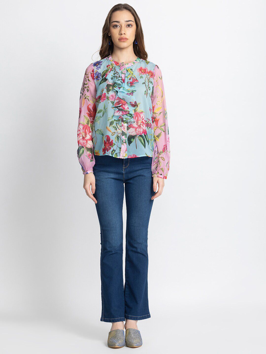 Buy SHAYE Classic Floral Printed Ruffled Shirt Styled Top - Tops for ...