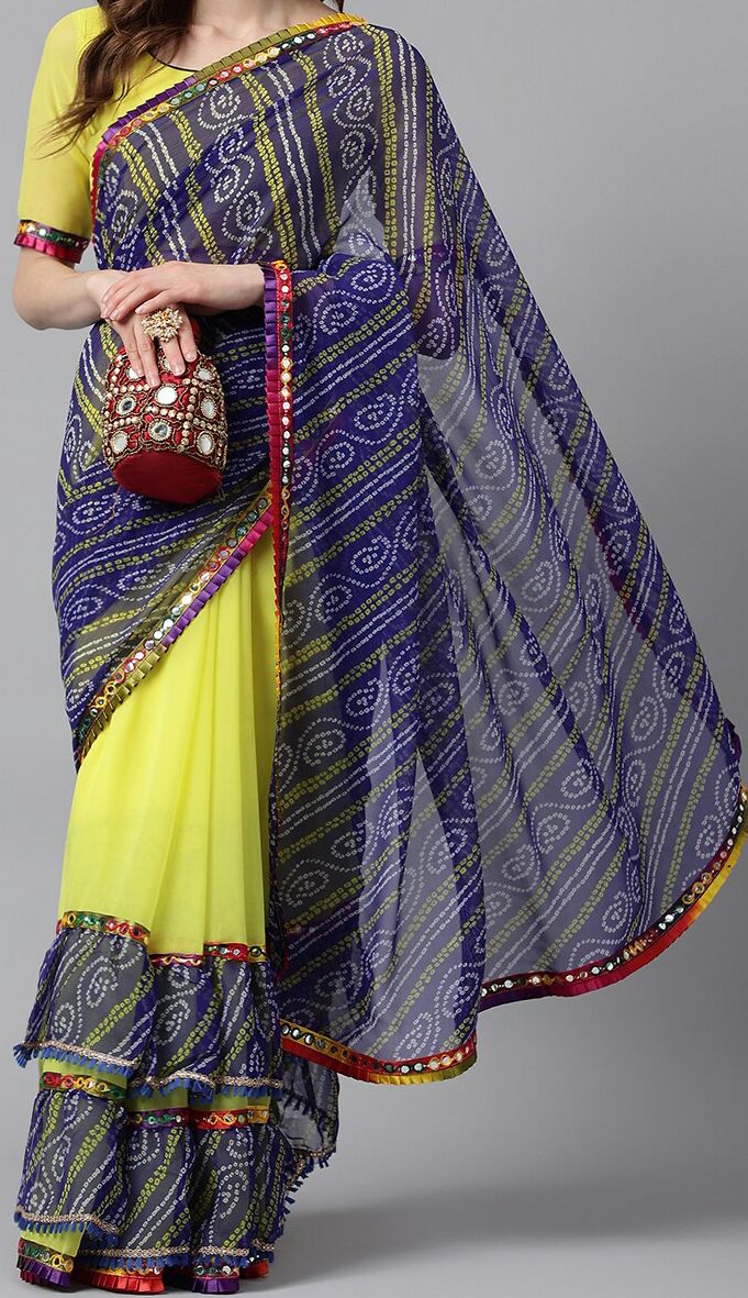Buy RAJGRANTH Blue & Yellow Bandhani Mirror Work Pure Georgette Half ...
