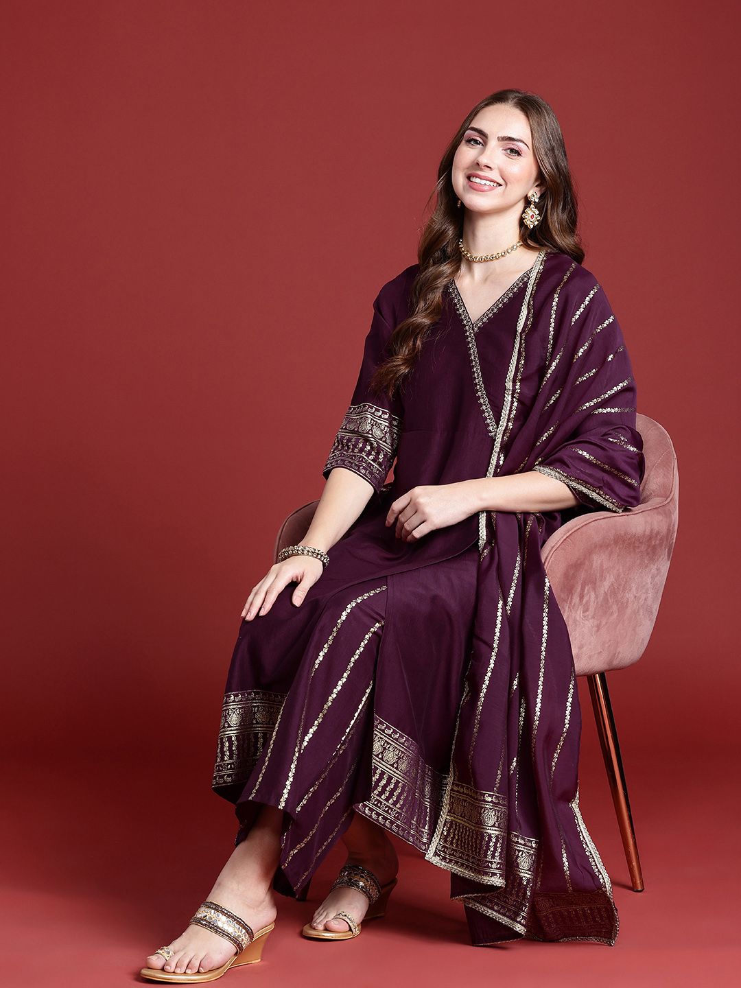 Anouk Women Ethnic Motifs Printed Angrakha Kurta with Palazzos & With ...