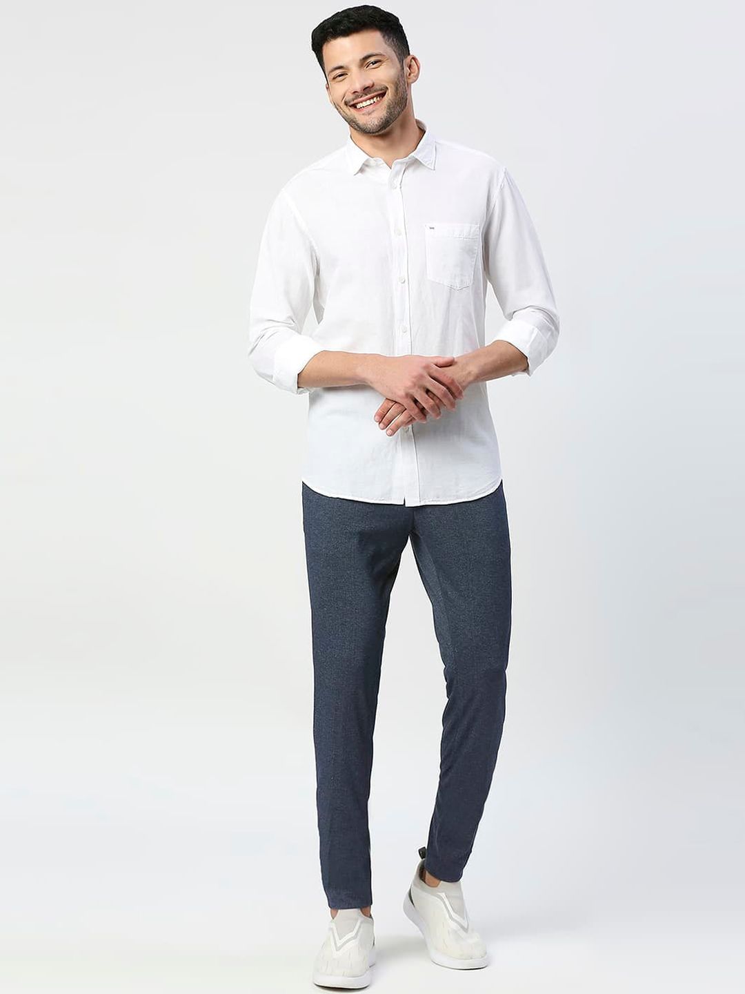 Buy Basics Men Mid Rise Self Design Textured Tapered Fit Cotton Chinos ...