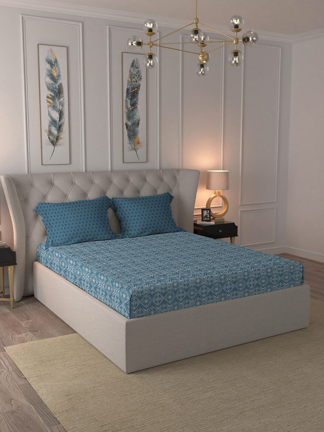 MYTRIDENT Comfort Living Blue White Pure Cotton 120 TC Queen Bedsheet ...