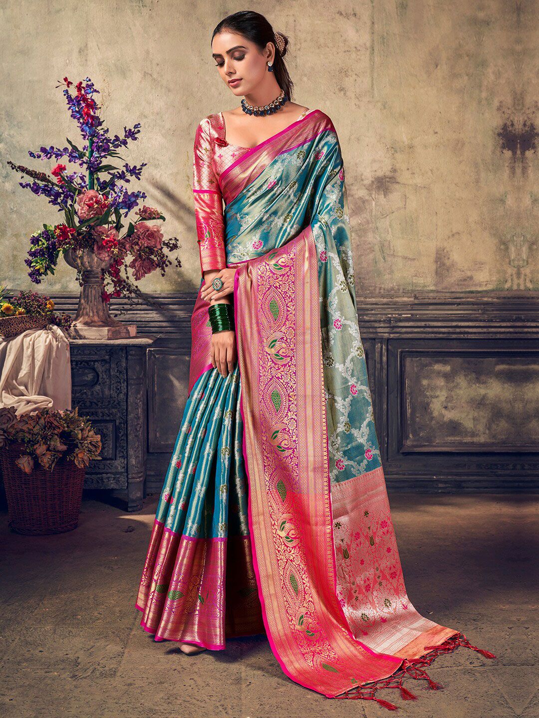 Mitera Teal & Pink Ethnic Motifs Woven Design Zari Kanjeevaram Saree ...