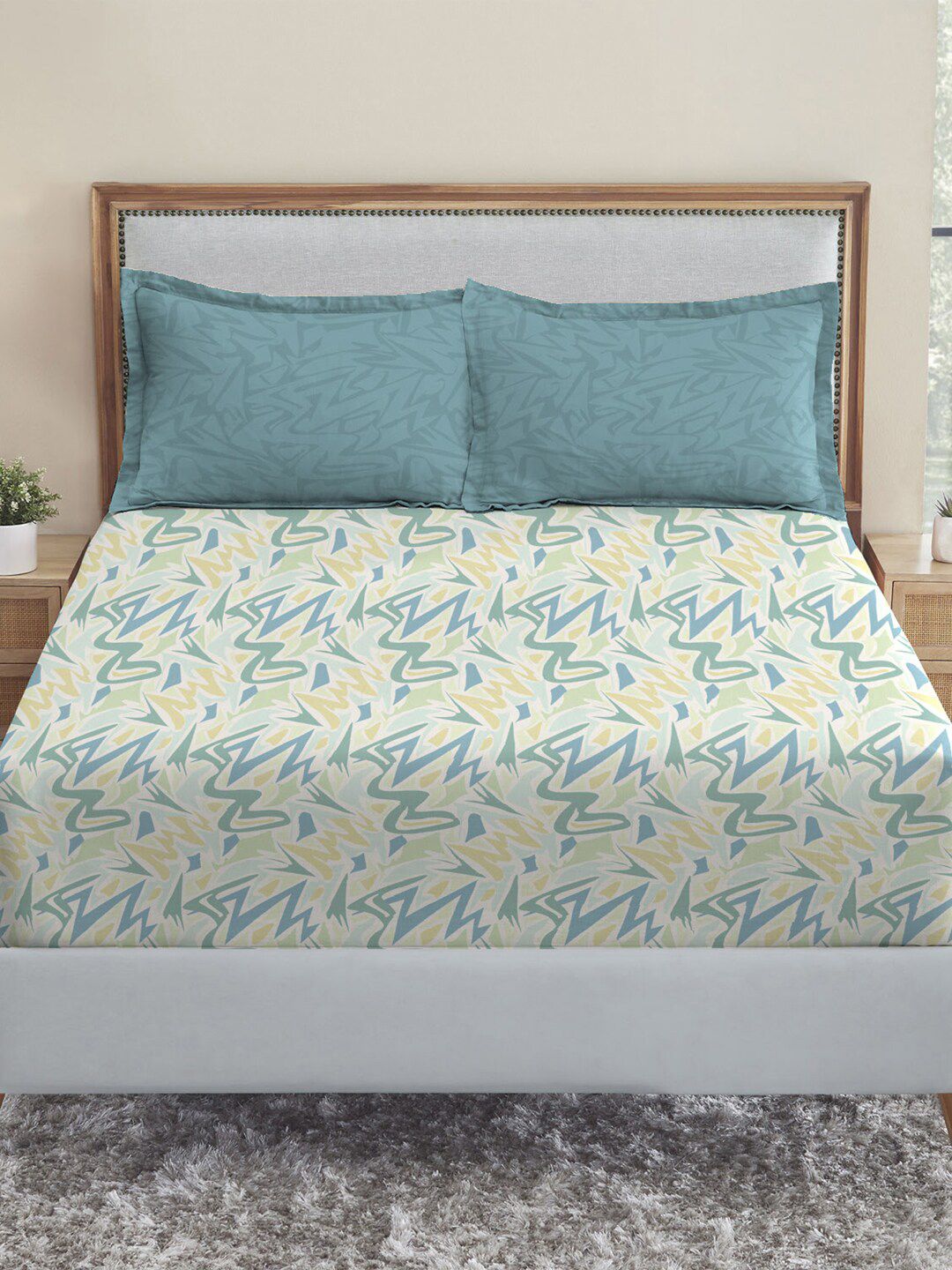 MYTRIDENT Dusk and Dawn Blue White Pure Cotton 144 TC Queen Bedsheet ...