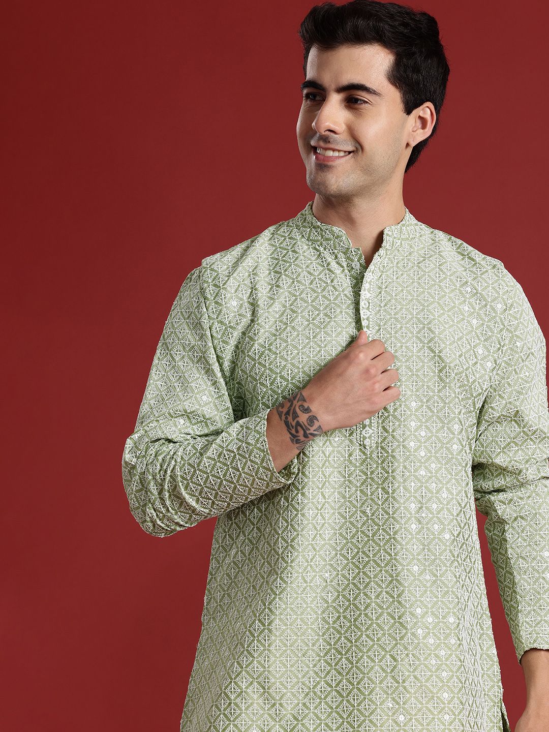 Anouk Men Ethnic Motifs Embroidered Chikankari Mandarin Collar Kurta ...